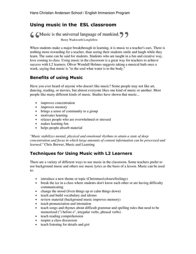 Using Music In The Esl Classroom | PDF
