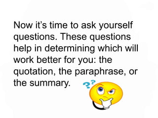 Using paragraphs, quotations, and summaries in research writing | PPT