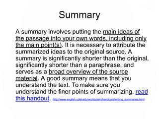 Using paragraphs, quotations, and summaries in research writing | PPT