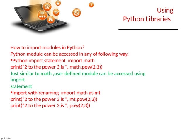 Using python libraries.pptx , easy ppt to study class 12 | PPTX | Programming Languages | Computing