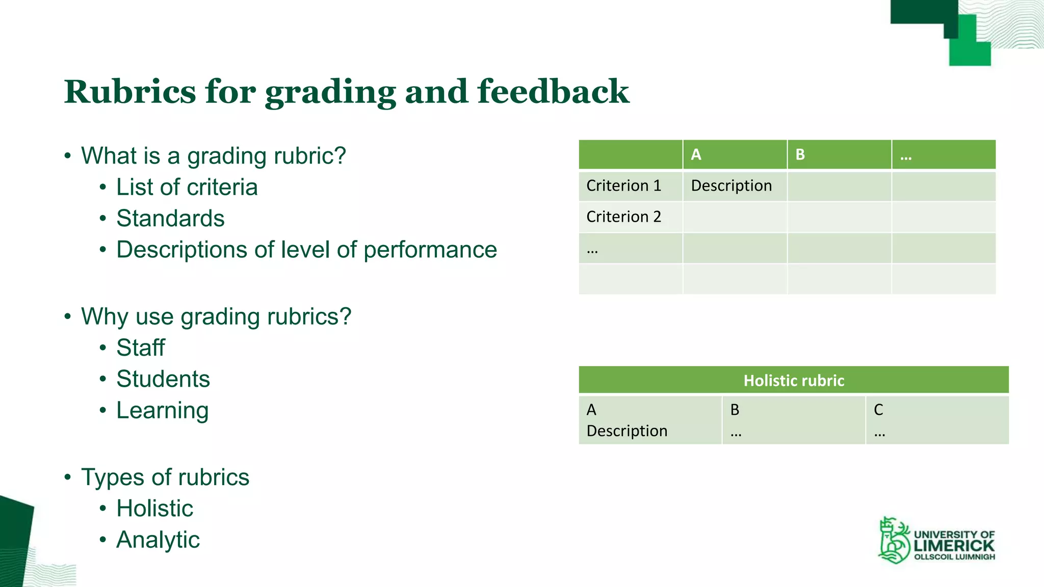 Using rubrics for grading and tools at UL | PPT