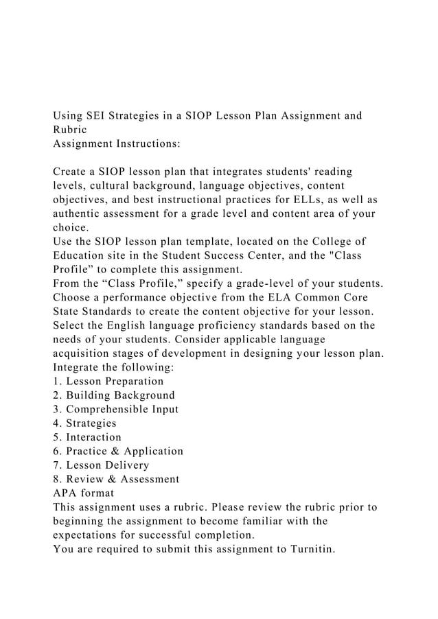 Using SEI Strategies in a SIOP Lesson Plan Assignment and Rubr.docx ...