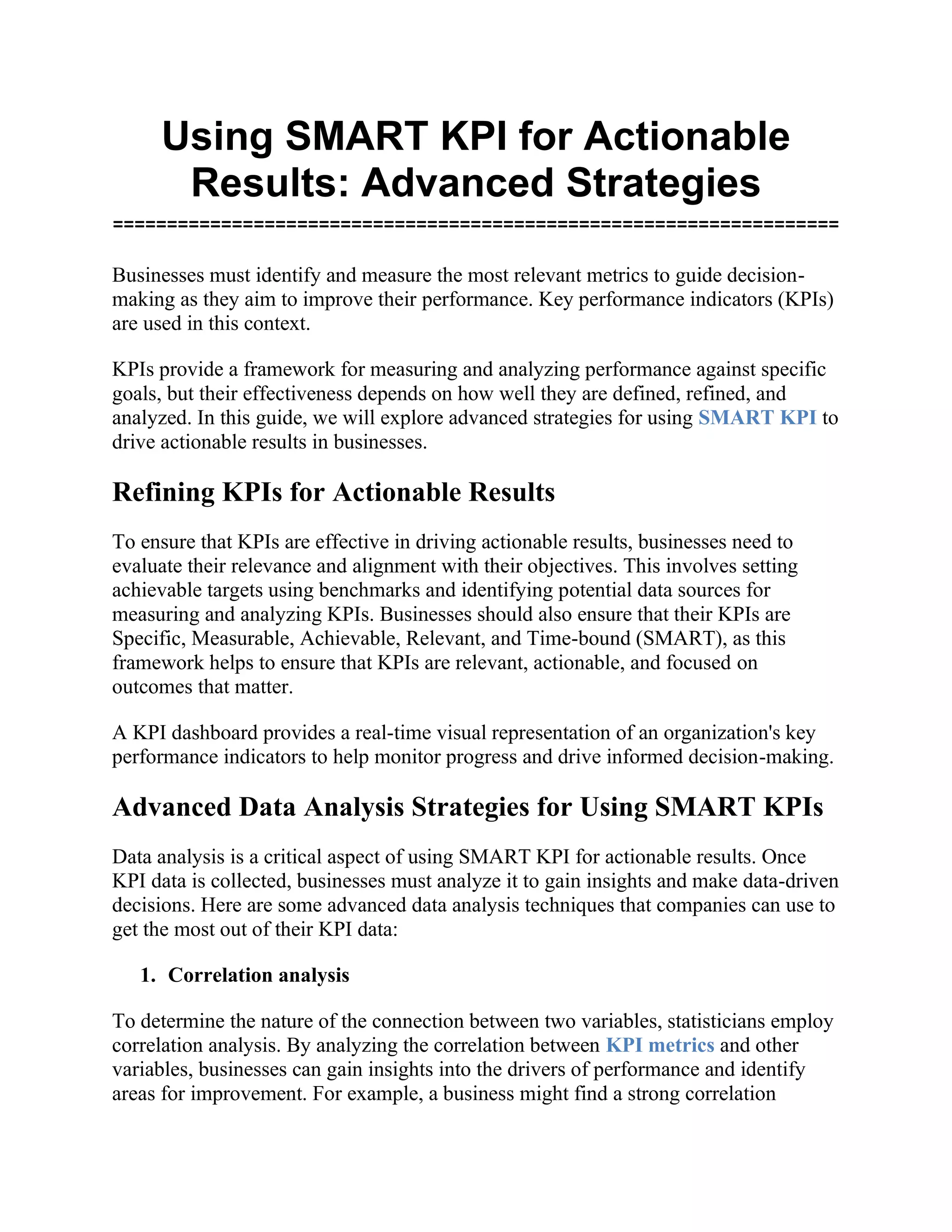 Using SMART KPI for Actionable Results: Advanced Strategies | PDF