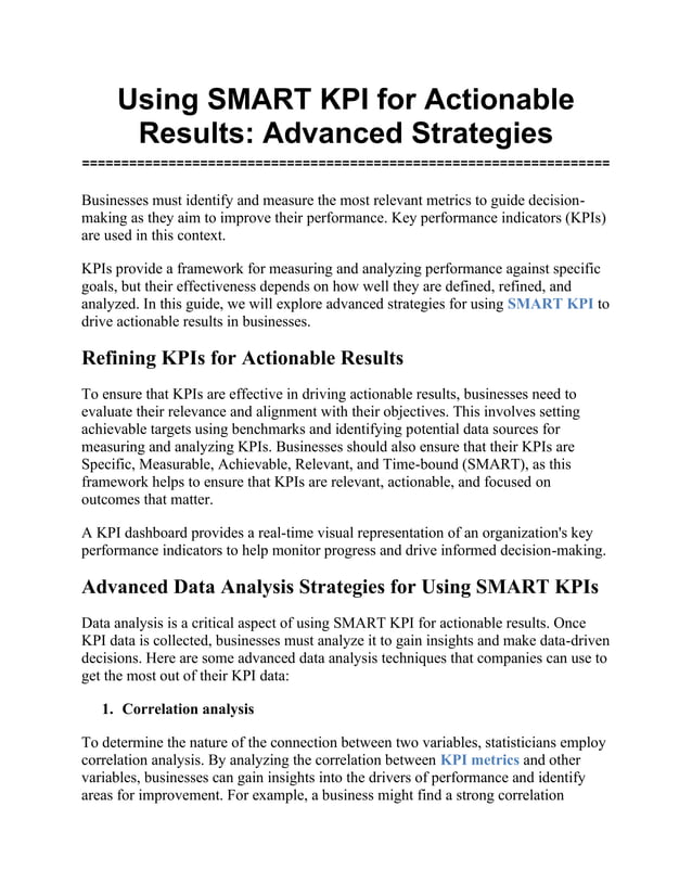 Using SMART KPI for Actionable Results: Advanced Strategies | PDF