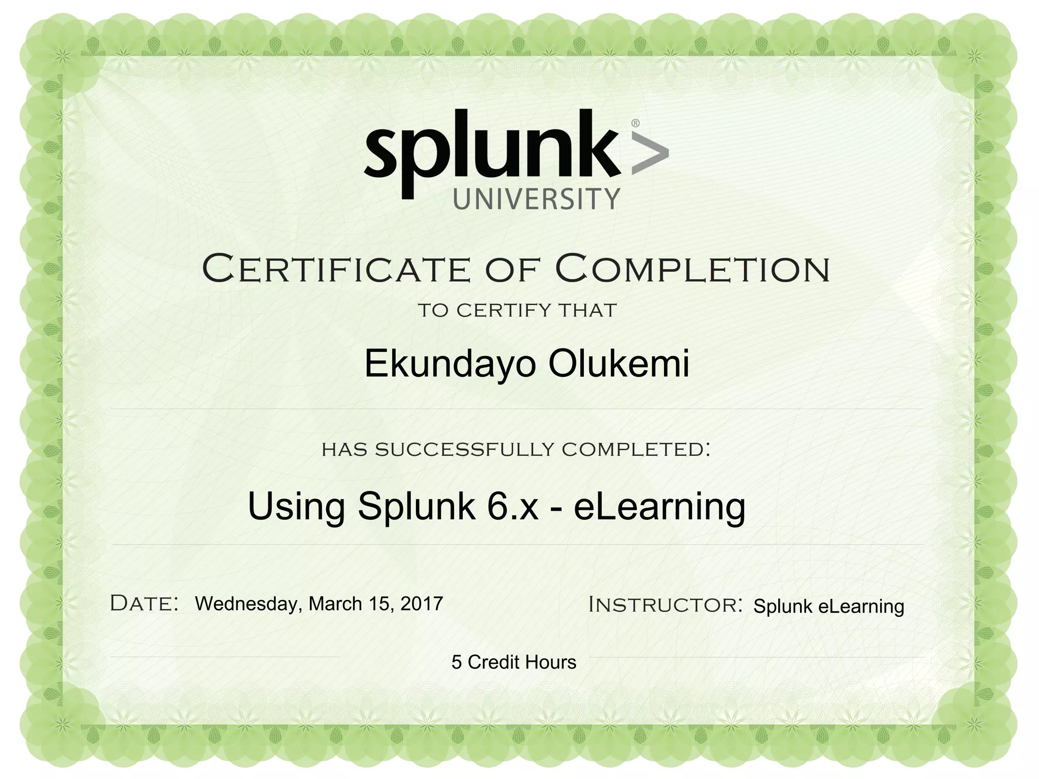 Ekundayo Olukemi Using splunk 6.x e learning training certificate | PPT