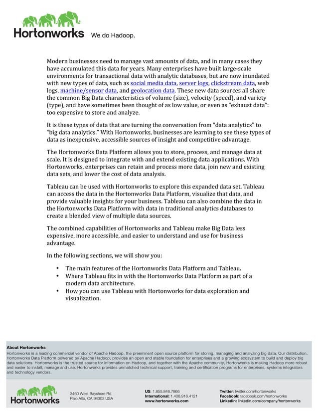 Using Tableau With Hortonworks Data Platform Pdf Cloud Computing