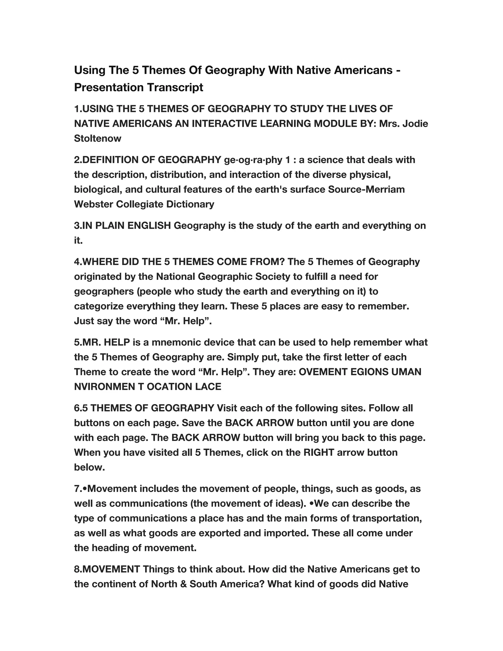 Using The 5 Themes Of Geography With Native Americans | DOC