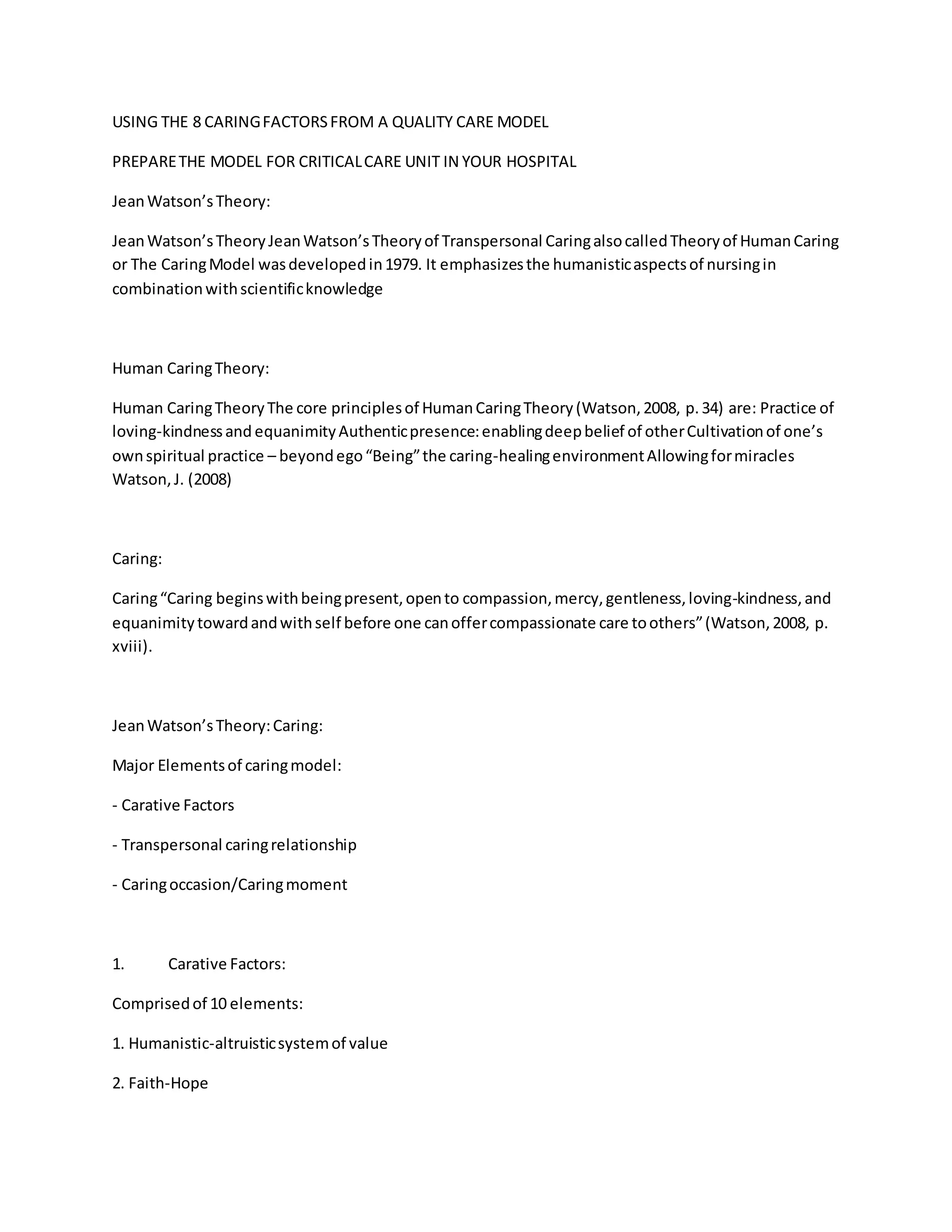 Using the 8 caring factors from a quality care model | DOCX