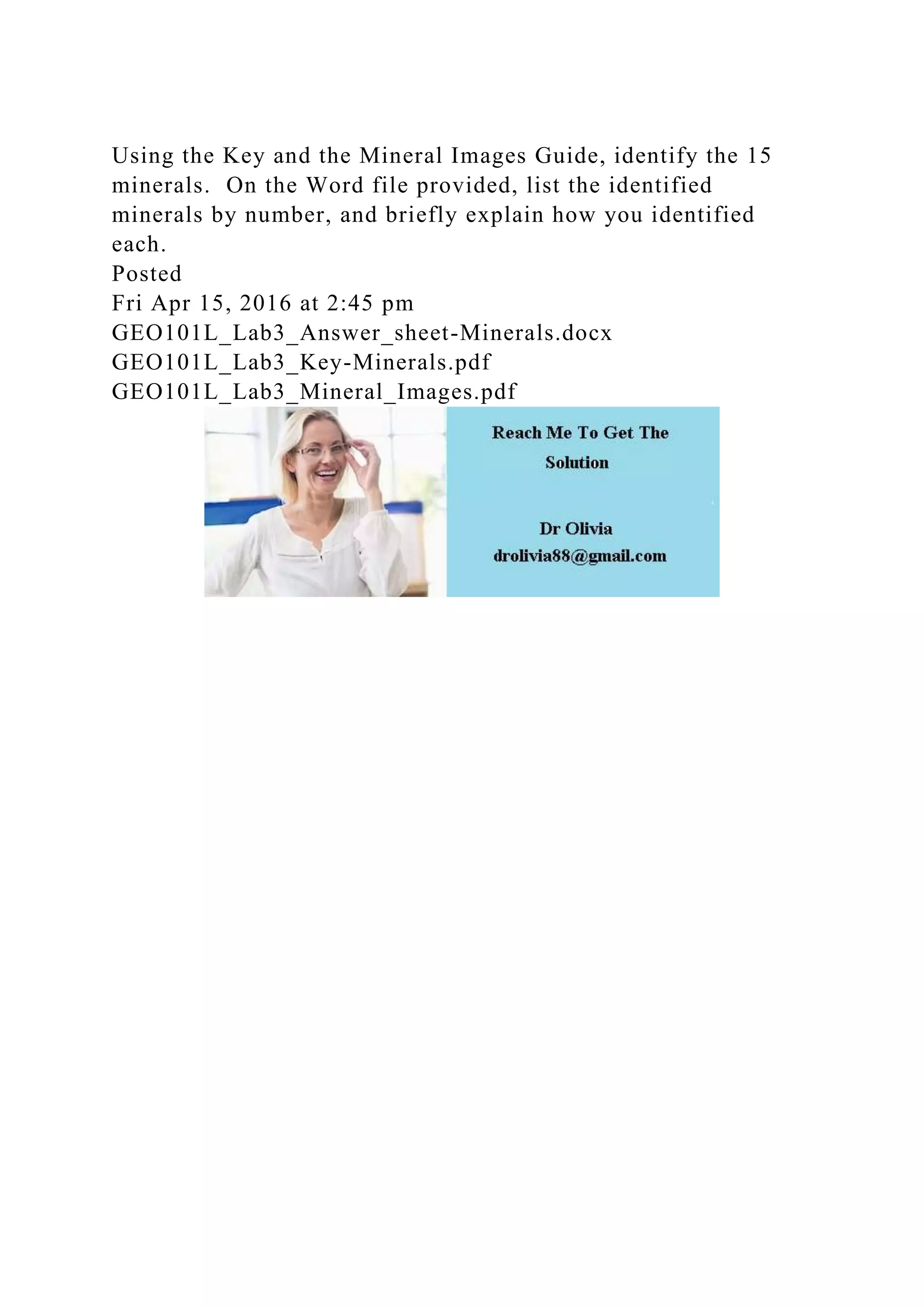 Using the Key and the Mineral Images Guide, identify the 15 minerals.docx