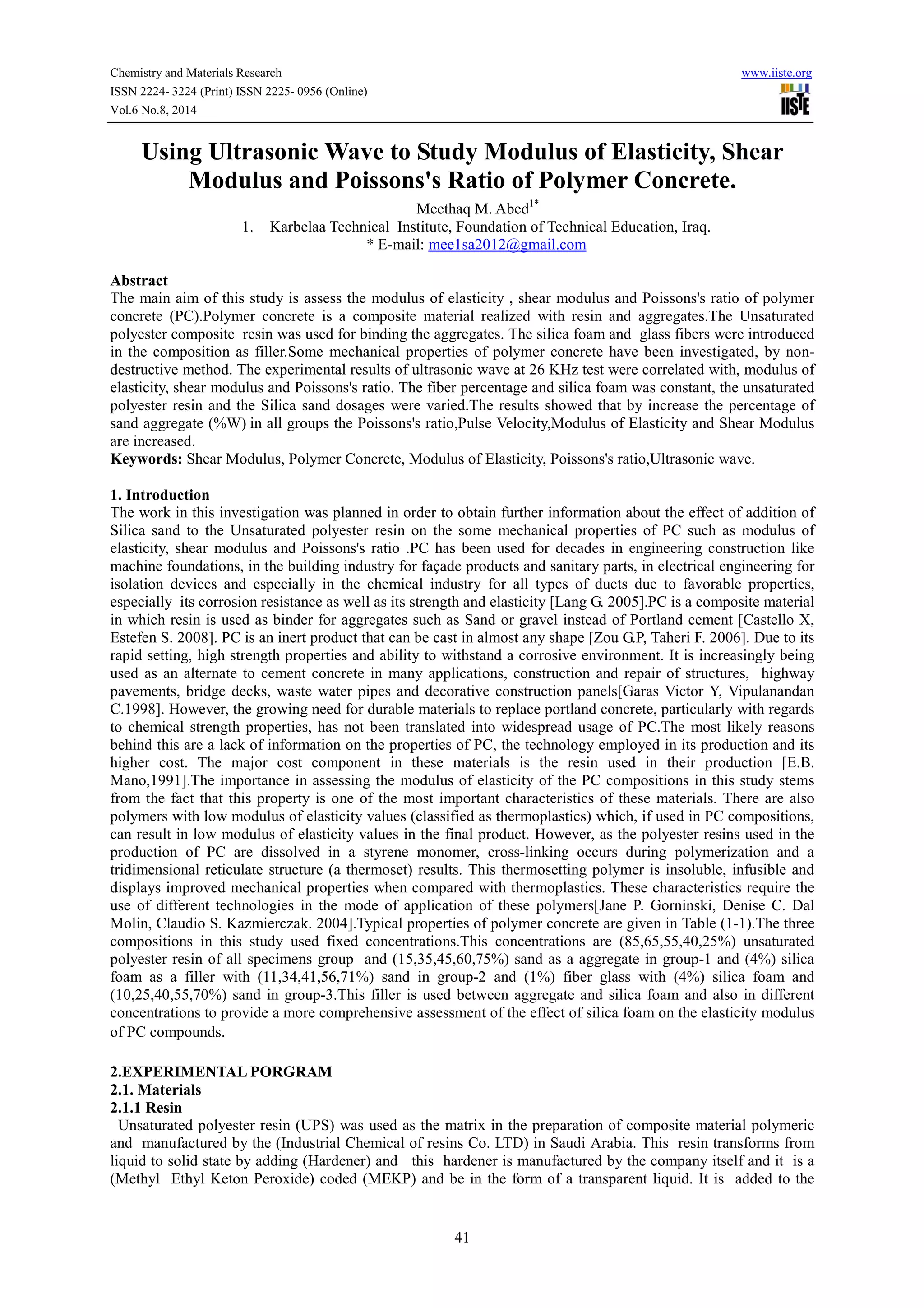 Using ultrasonic wave to study modulus of elasticity, shear modulus and poissons's ratio of ...