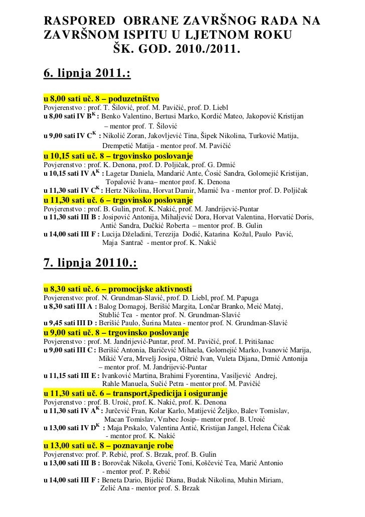 Raspored obrane završnog rada na završnom ispitu u ljetnom roku šk. g…