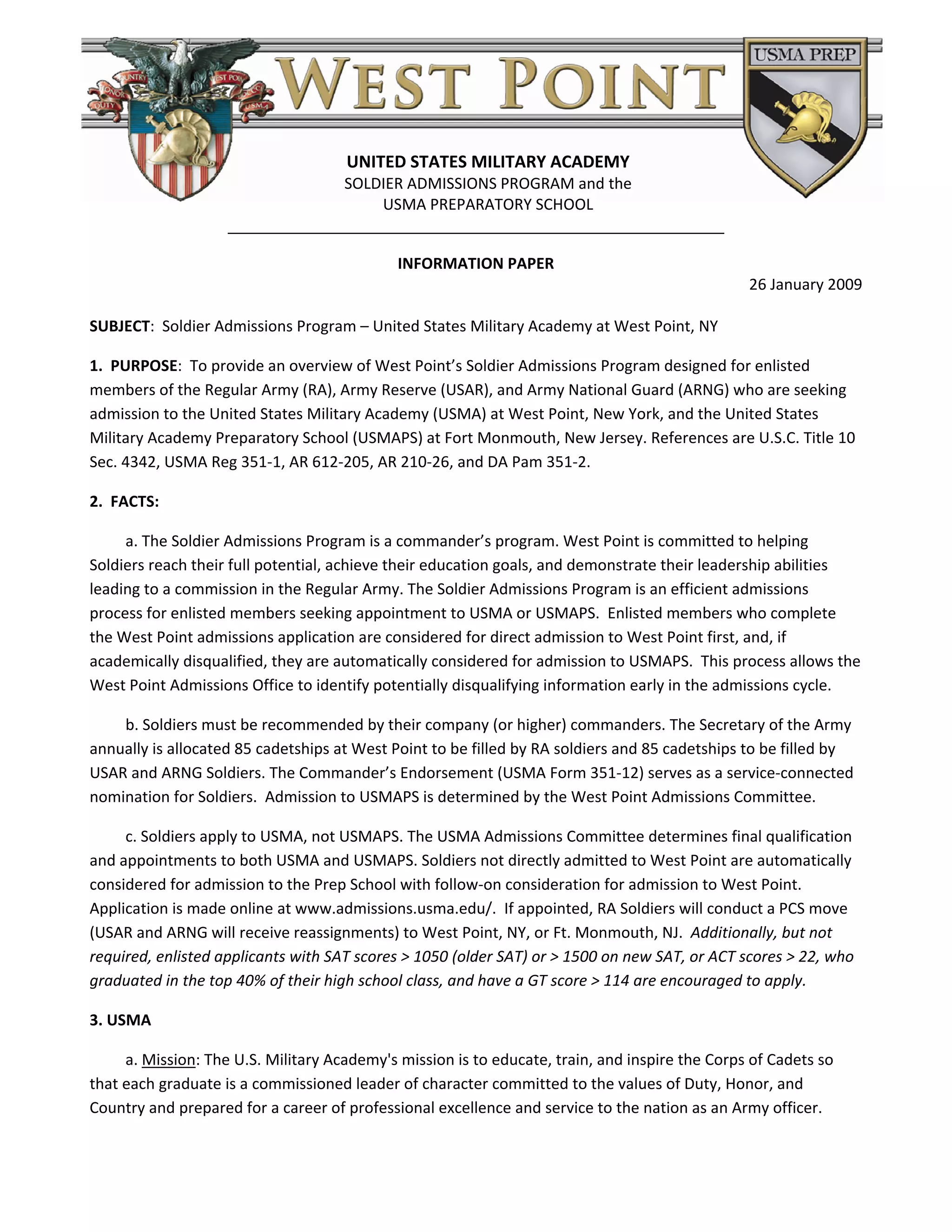 Usma Soldier Admissions Info Paper | PDF