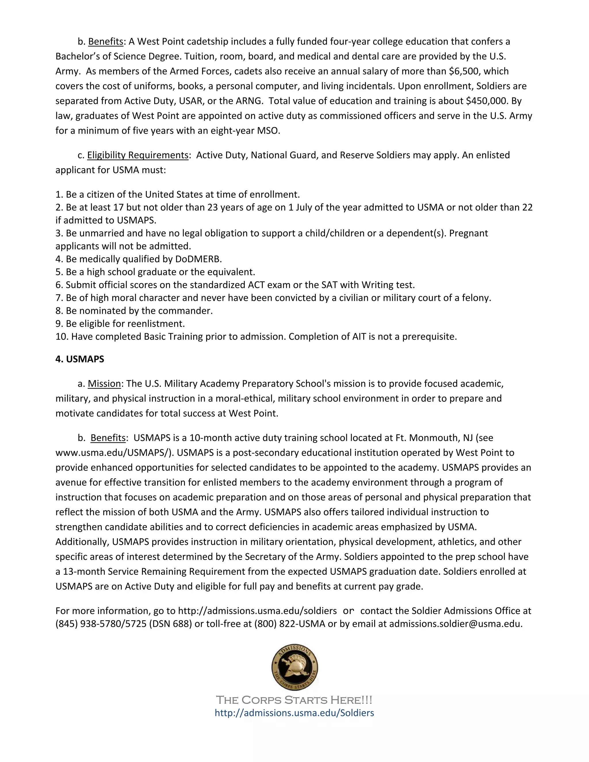 Usma Soldier Admissions Info Paper | PDF