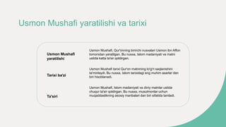 Usmon Mushafi tarixi.pptx shu slaudmmdnsndndp | PPT