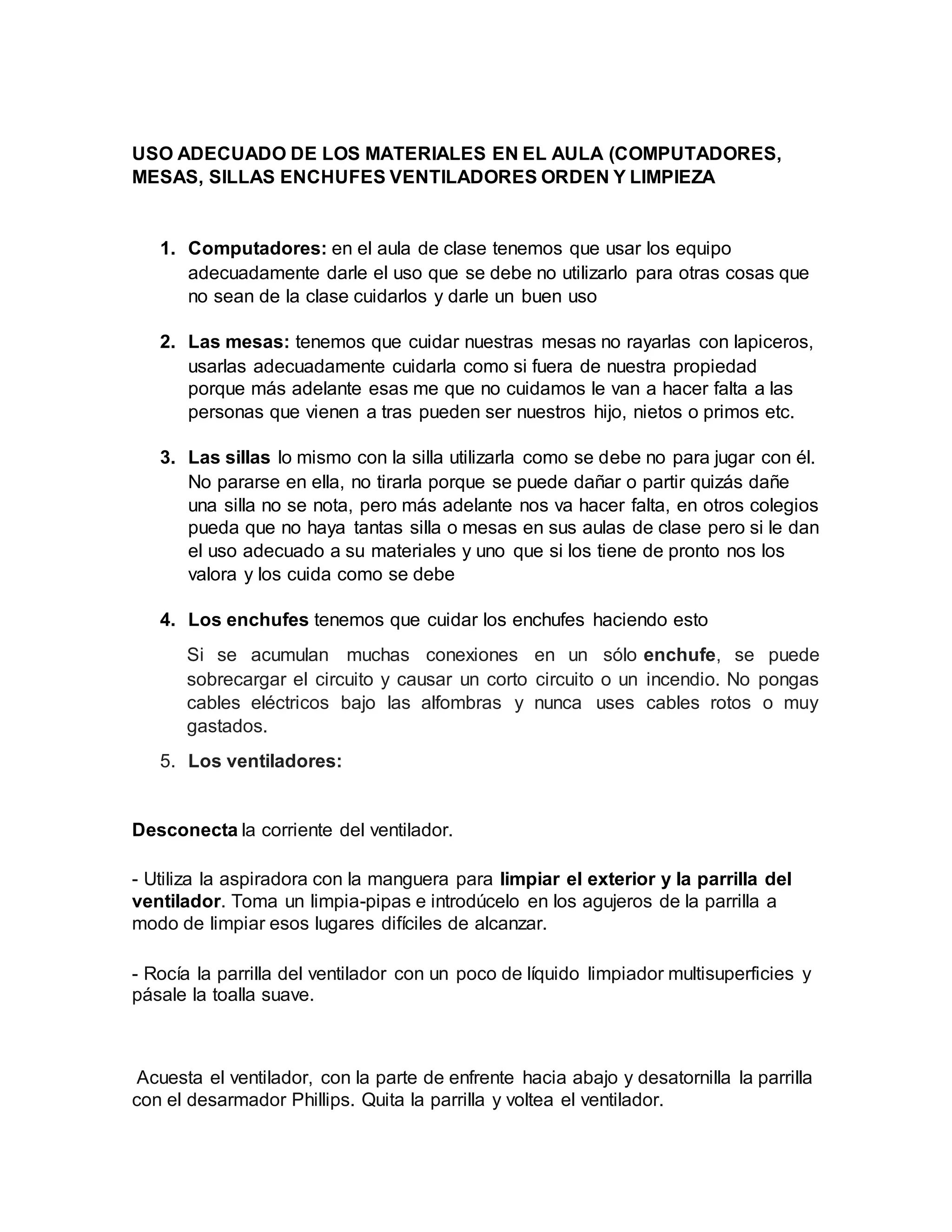 Uso adecuado de los materiales en el aula | DOCX