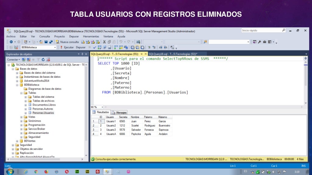 Uso de comandos insert,delete,update