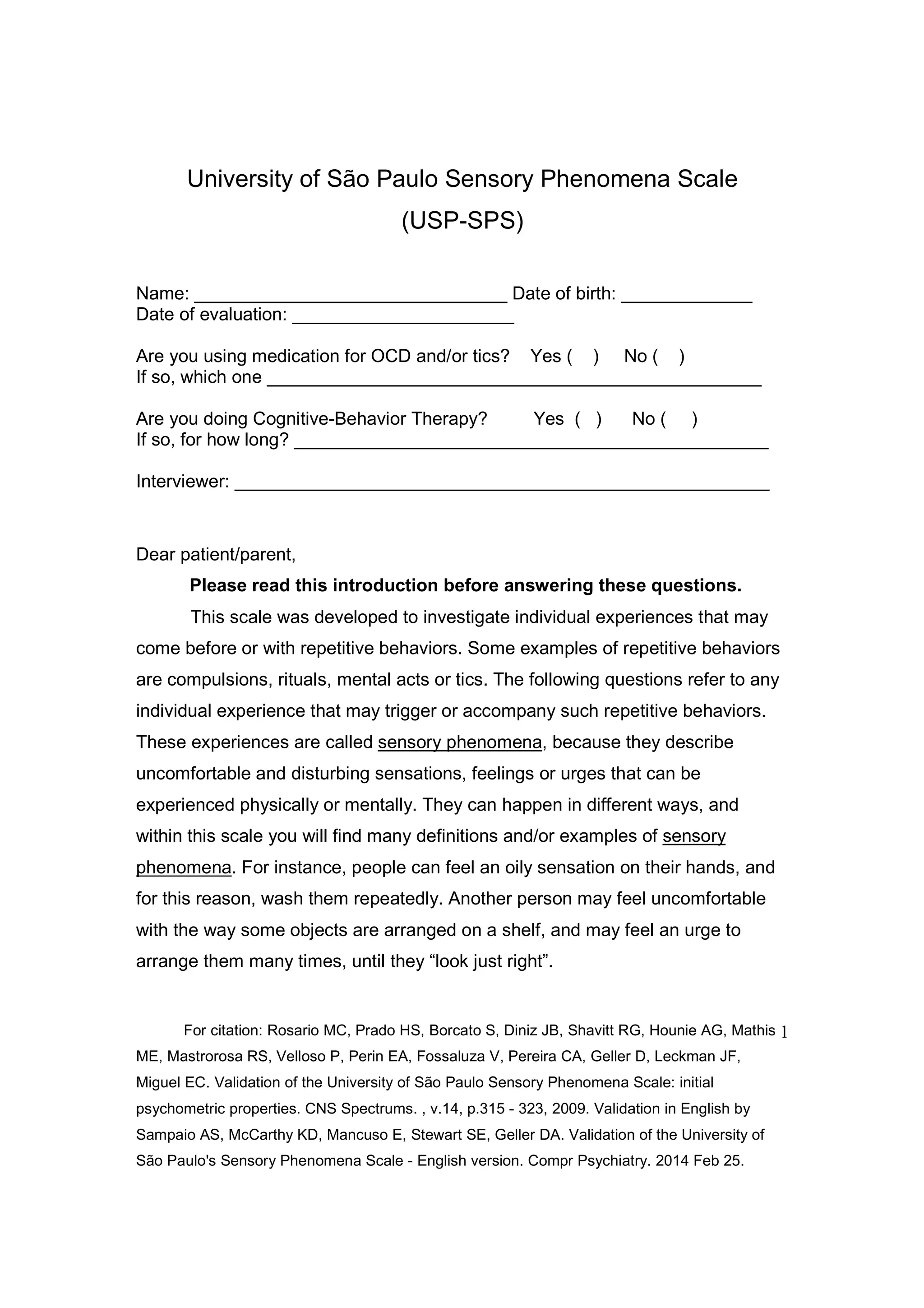 USP Sensory Phenomena Scale-English version - with hypersensitivity | PDF