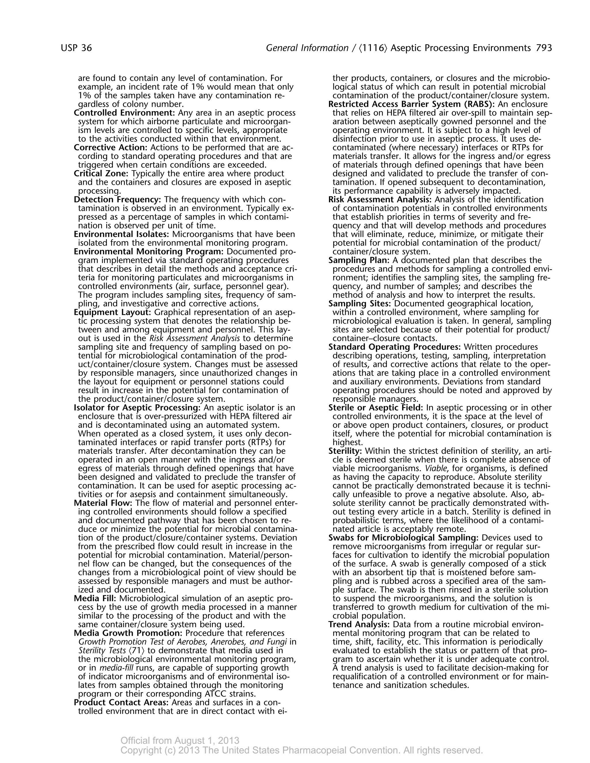 Usp 36 Chapter 1116 environment monitoring | PDF