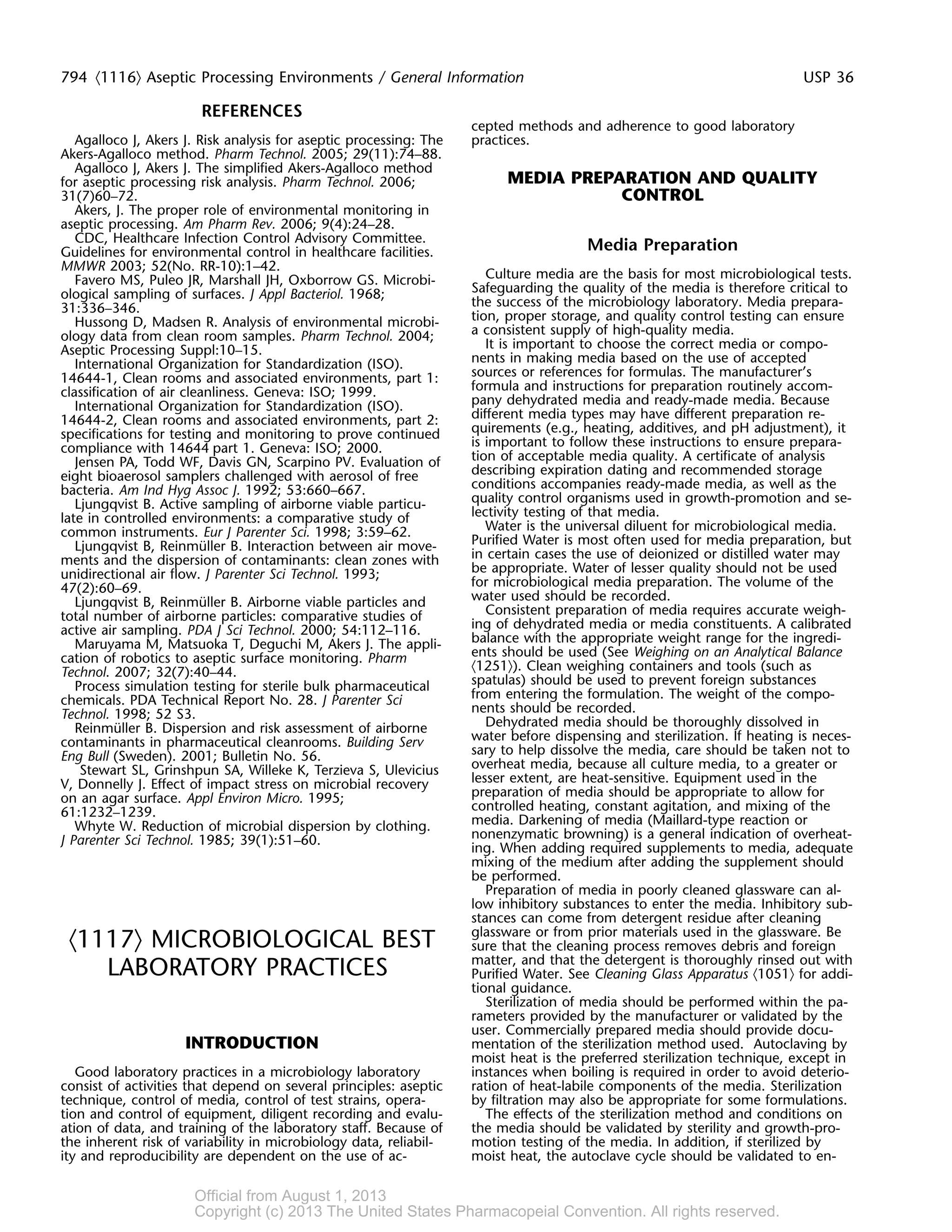 Usp 36 Chapter 1116 environment monitoring | PDF