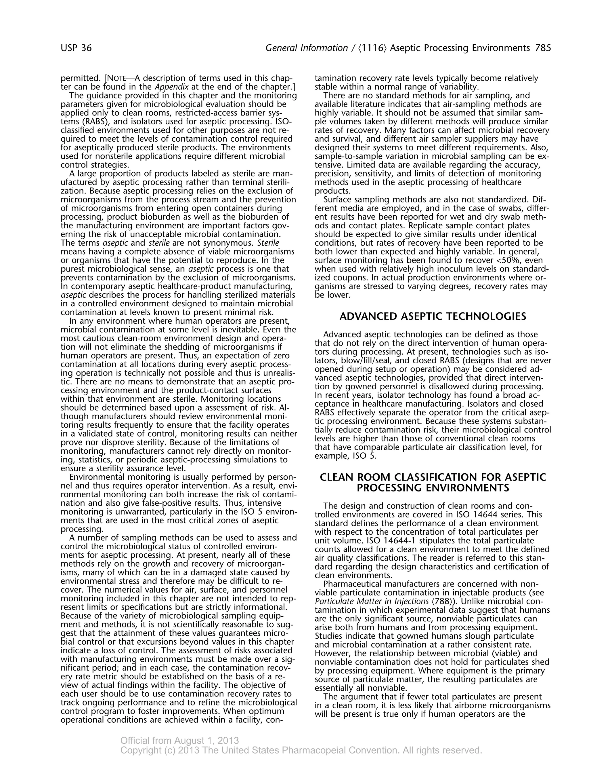 Usp 36 Chapter 1116 environment monitoring | PDF
