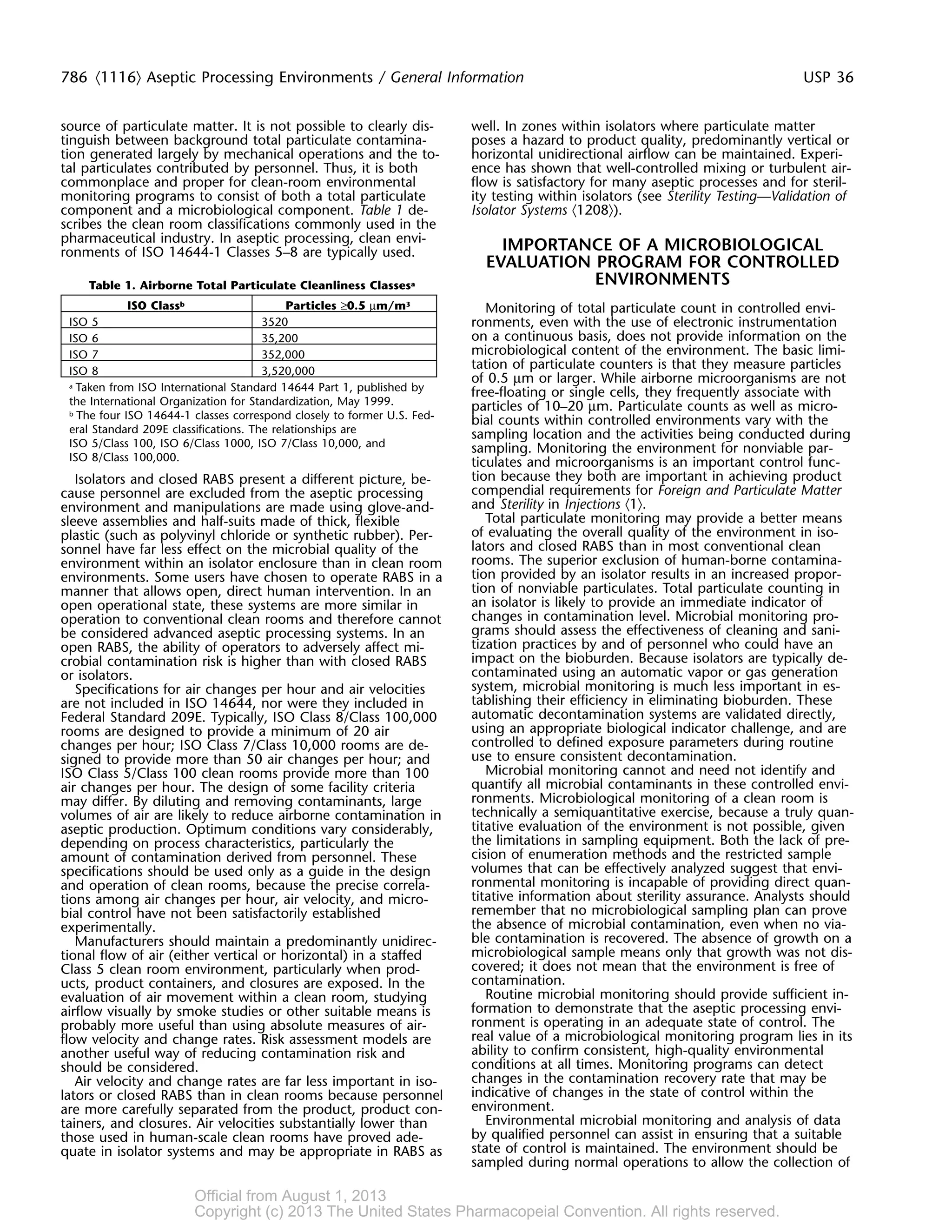 Usp 36 Chapter 1116 environment monitoring | PDF