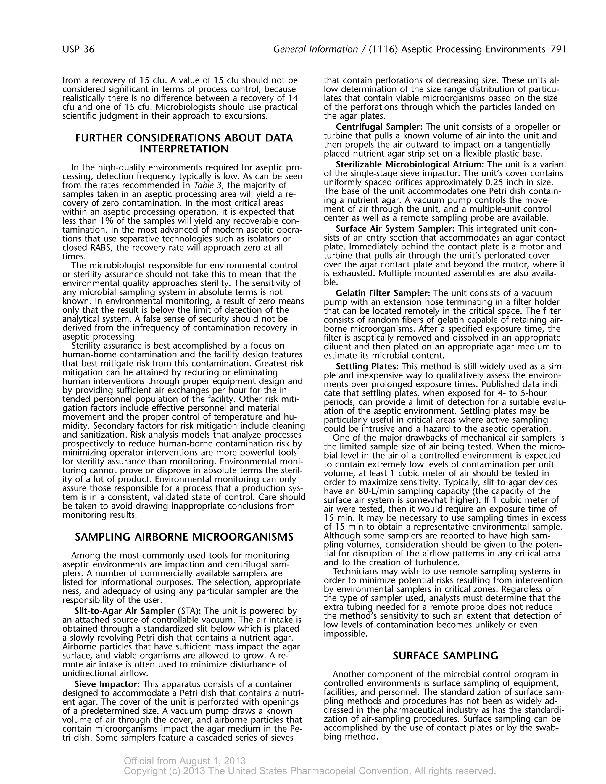 Usp 36 Chapter 1116 environment monitoring | PDF