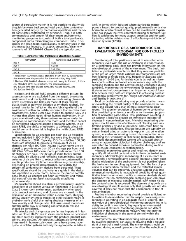Usp 36 Chapter 1116 environment monitoring | PDF