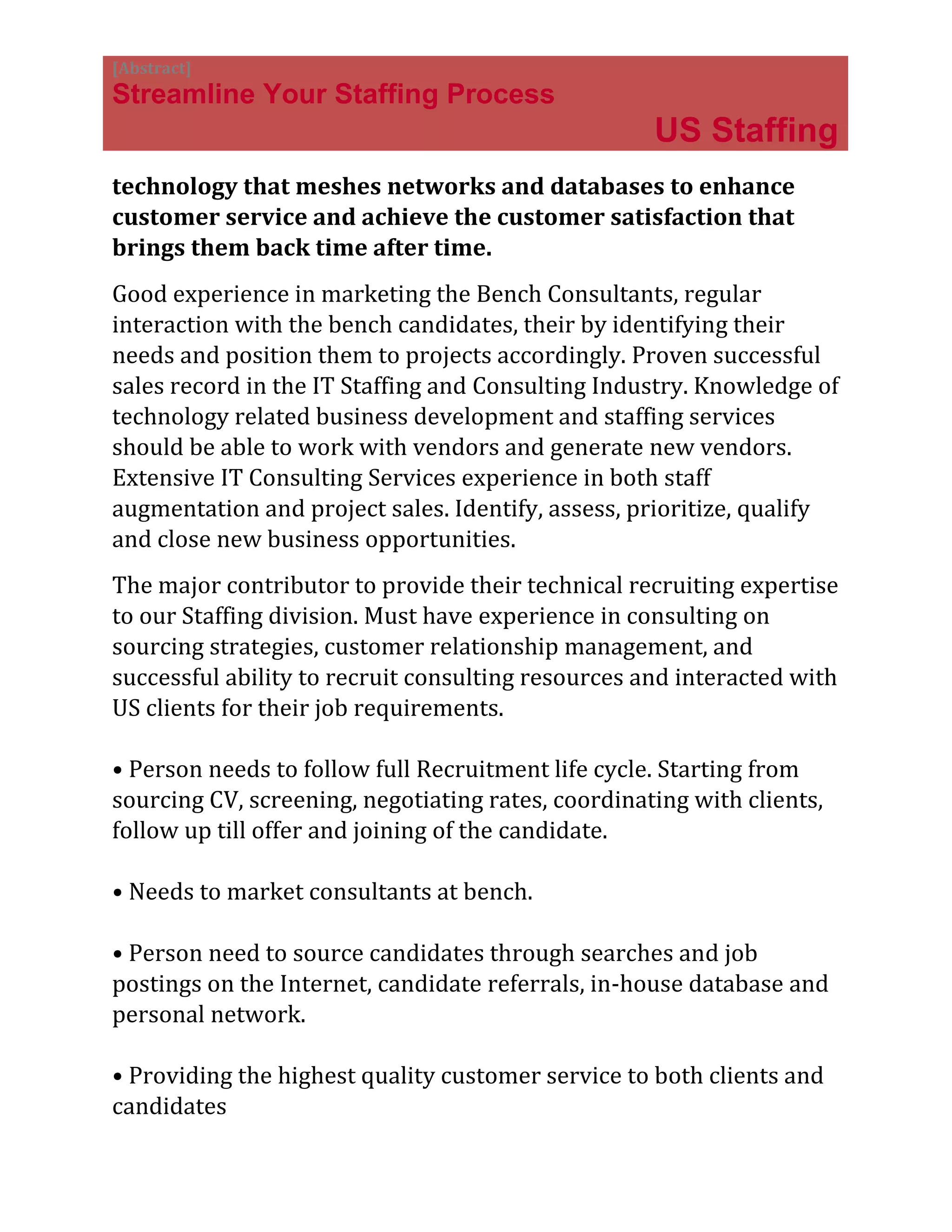 Us staffing bench sales us it recruiter | DOCX