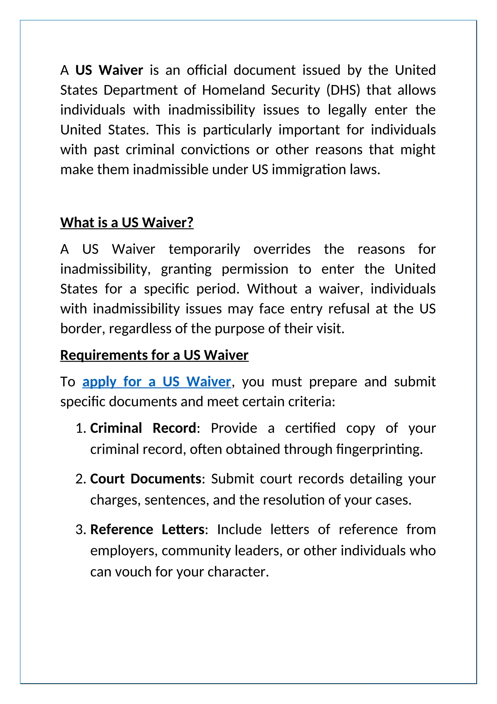 US Waiver Requirements in Surrey , Canada.docx