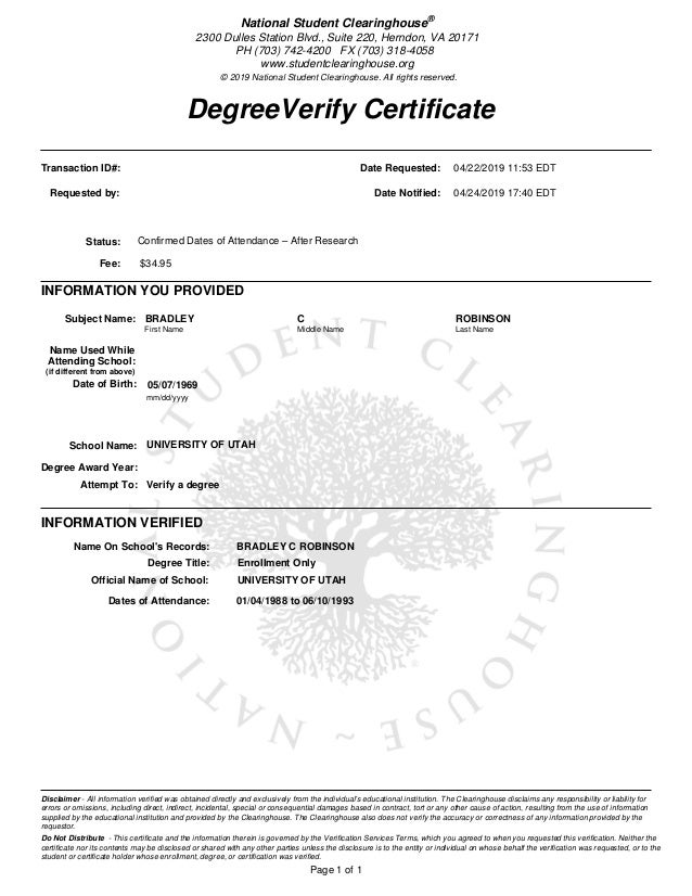 Bradley Robinson Degree Verification (Enrollment Only) Bradley Robinson Degree Verification (Enrollment Only)