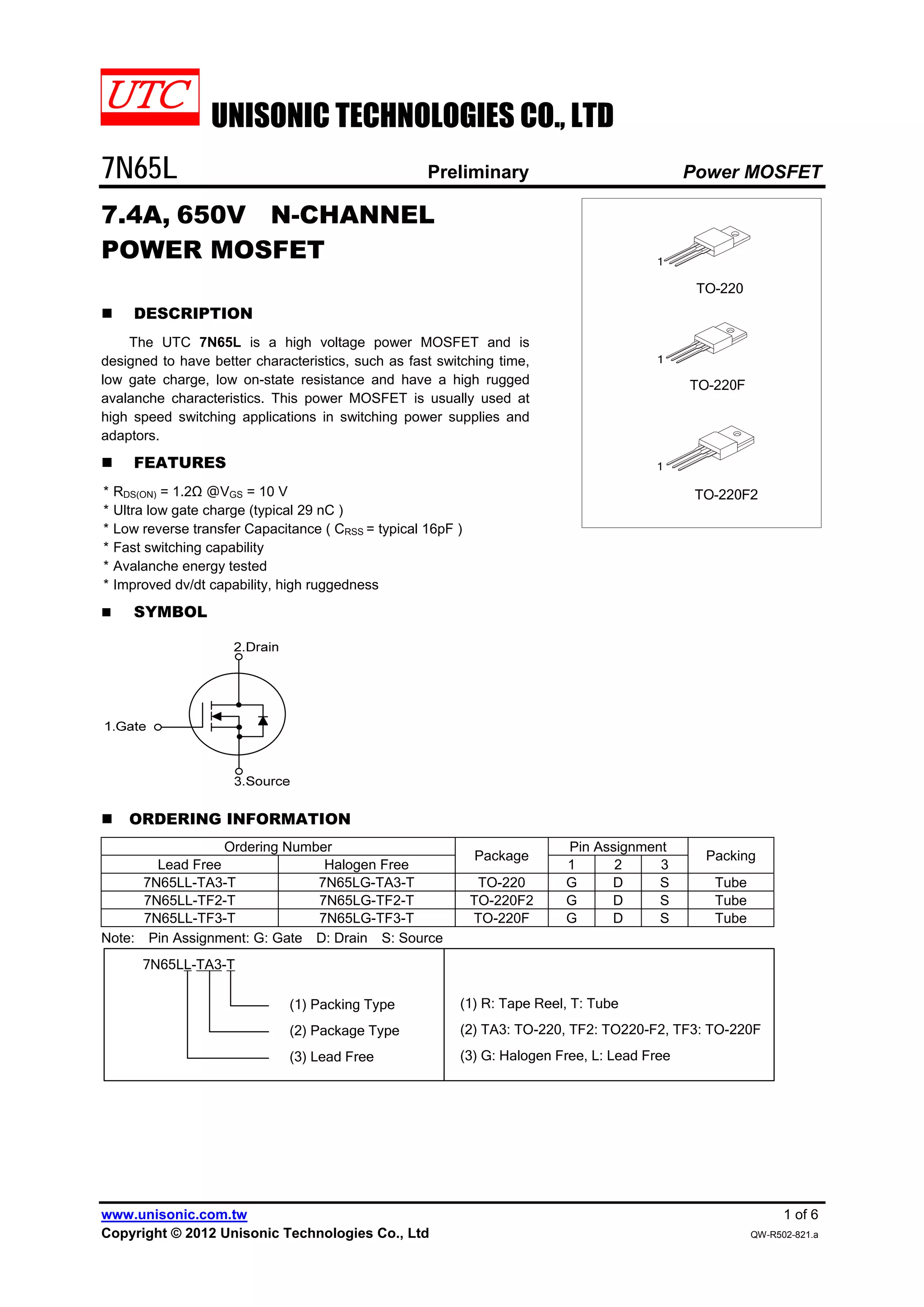 Original N-Channel Mosfet UTC7N65L-TF1-T 7N65 7.4A 650V TO-220F New ...