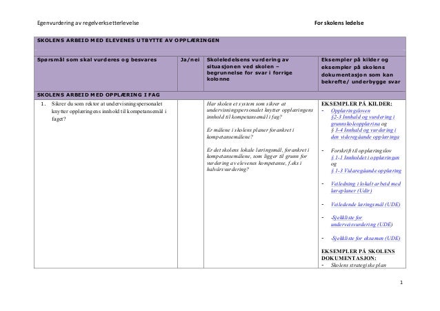 Utfylt egenvurderingsskjema for skolens ledelse vedlegg 3
