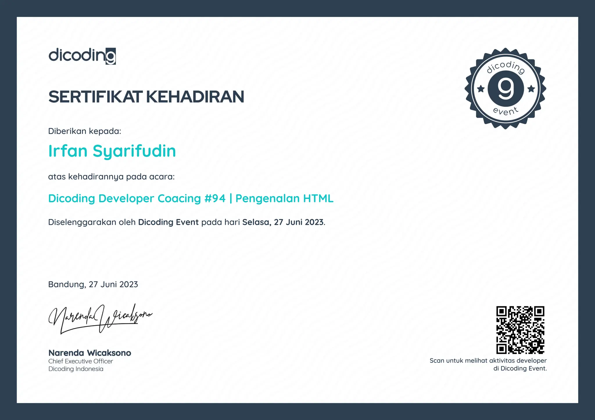 Dicoding Developer Coacing 94 Pengenalan HTML Certificate | PDF