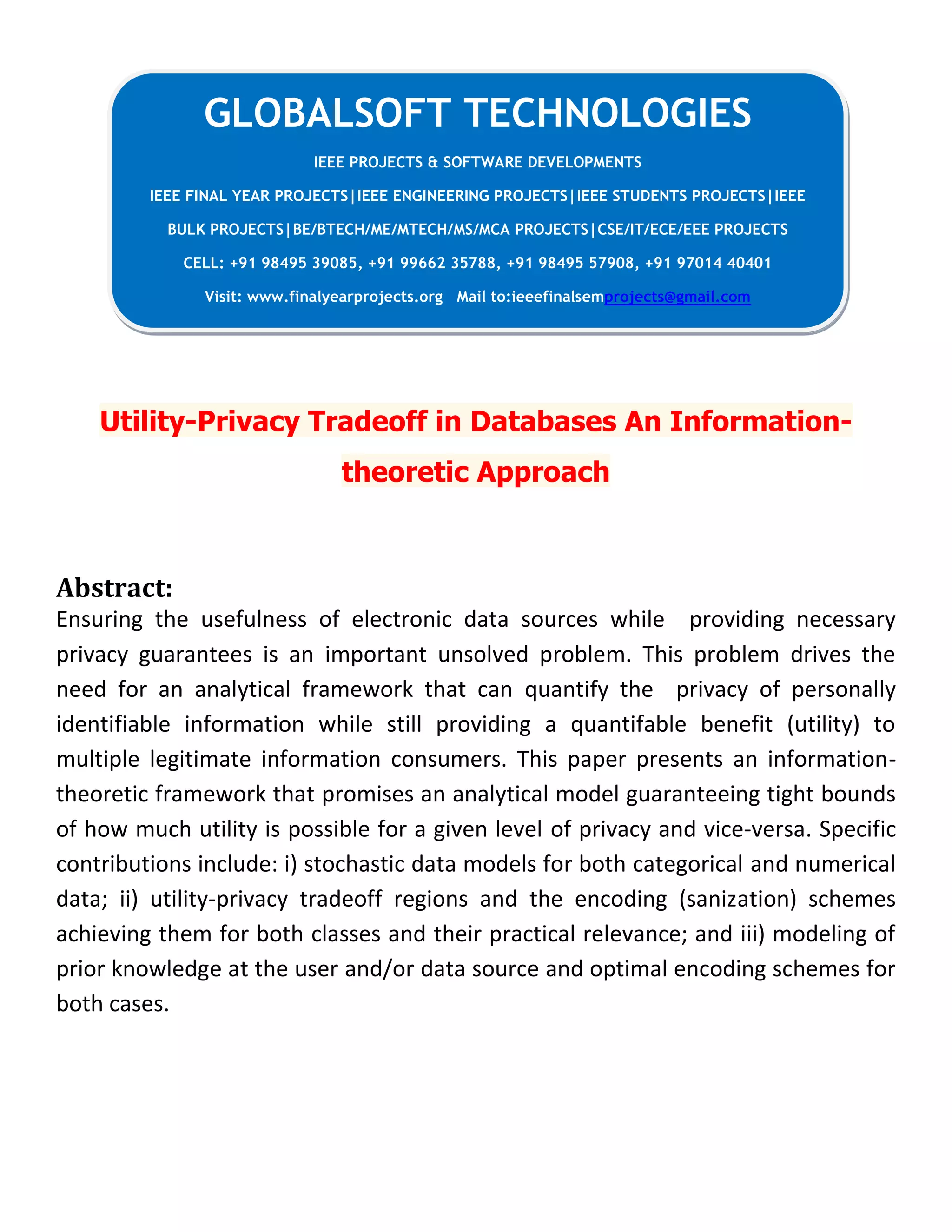 Utility Privacy Tradeoff In Databases An Information Theoretic Approach Pdf