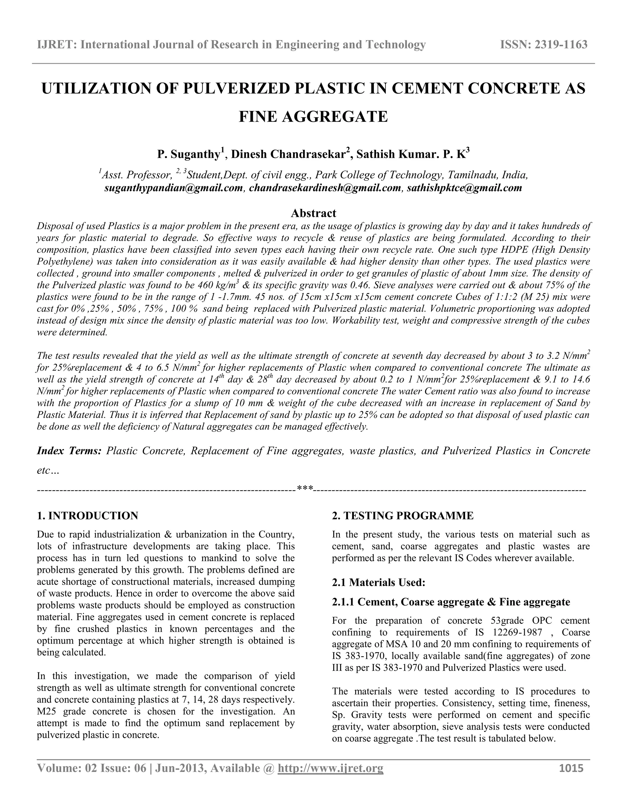 Utilization of pulverized plastic in cement concrete as fine aggregate ...