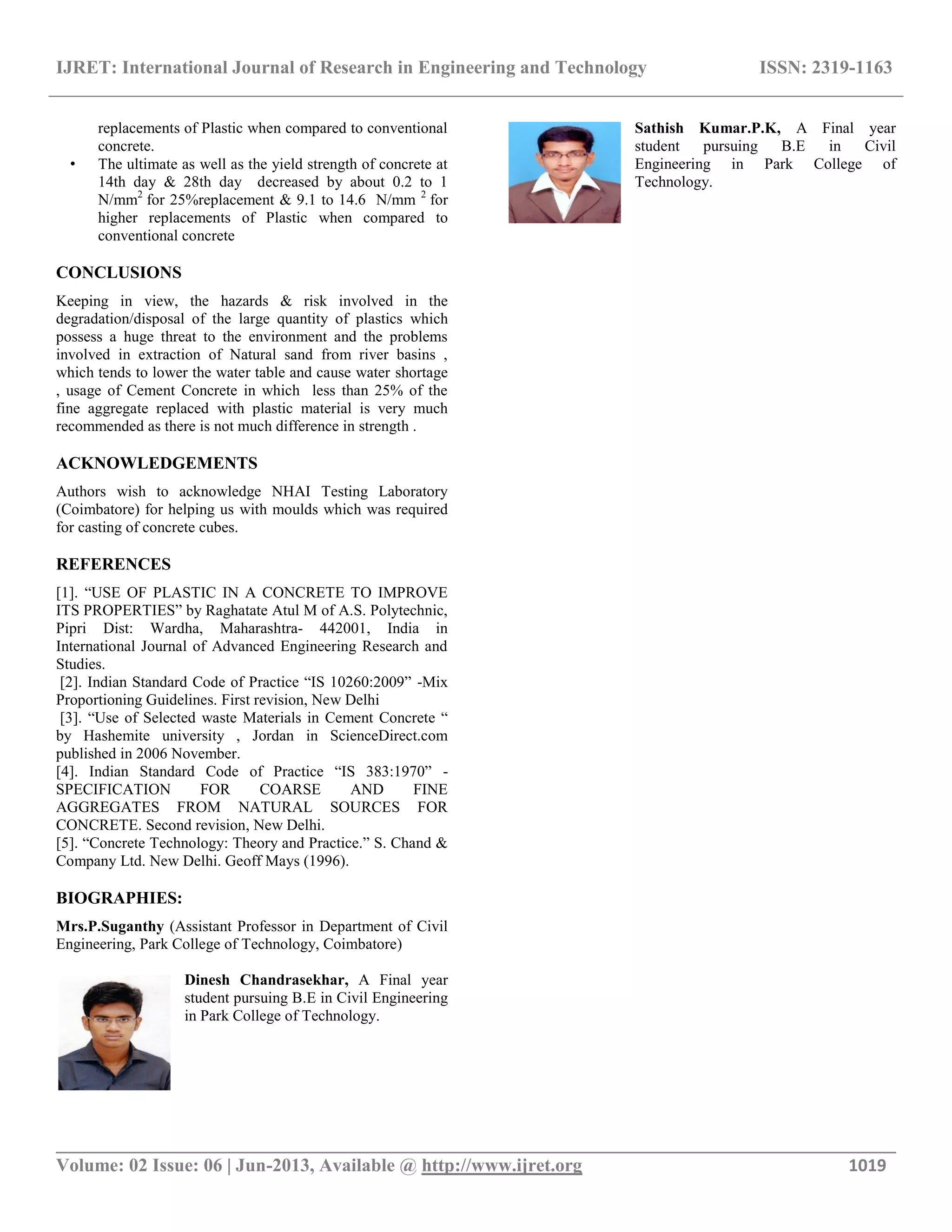 Utilization of pulverized plastic in cement concrete as fine aggregate ...