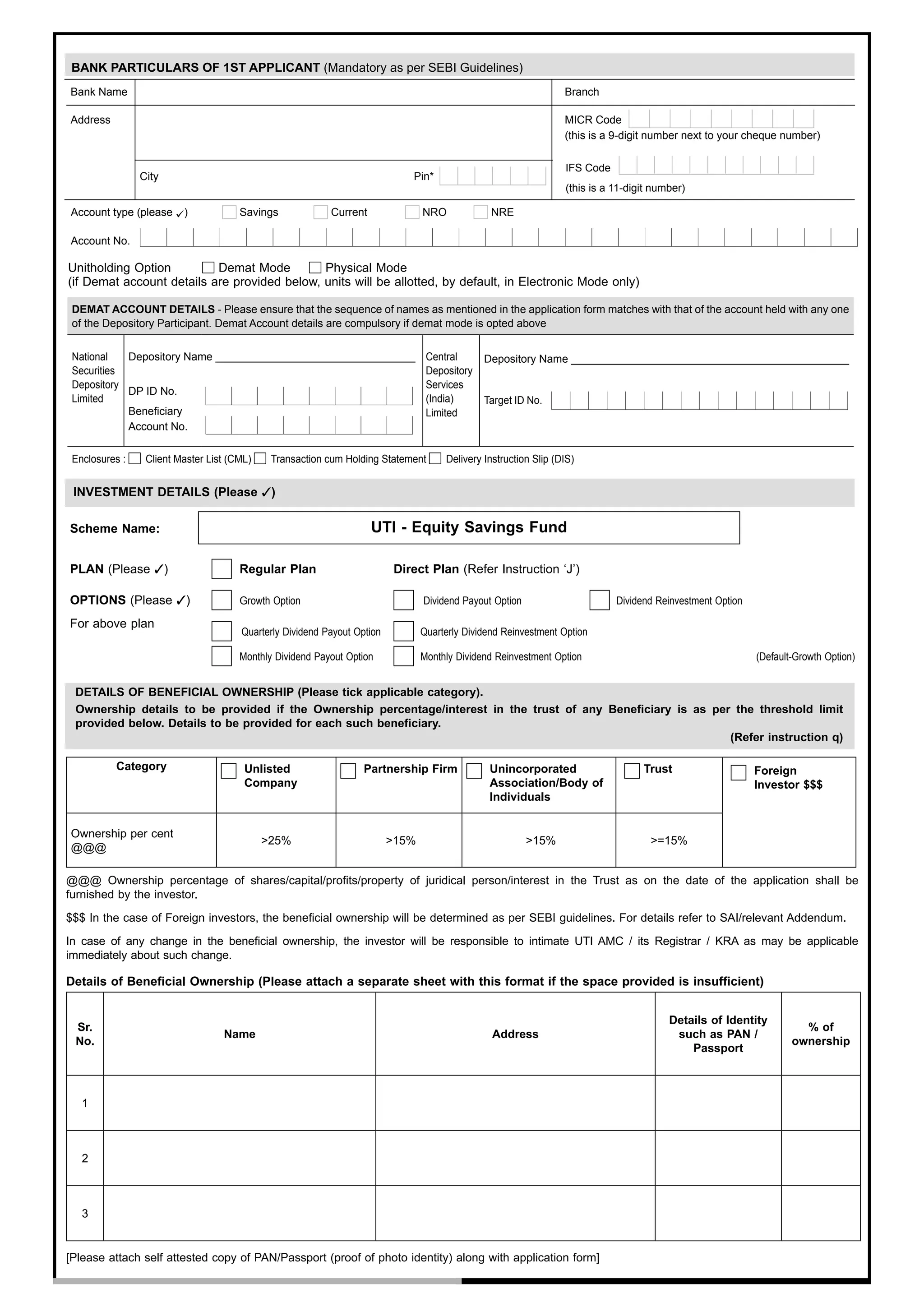 UTI - Equity Savings Fund Editable New Application Form Form | PDF