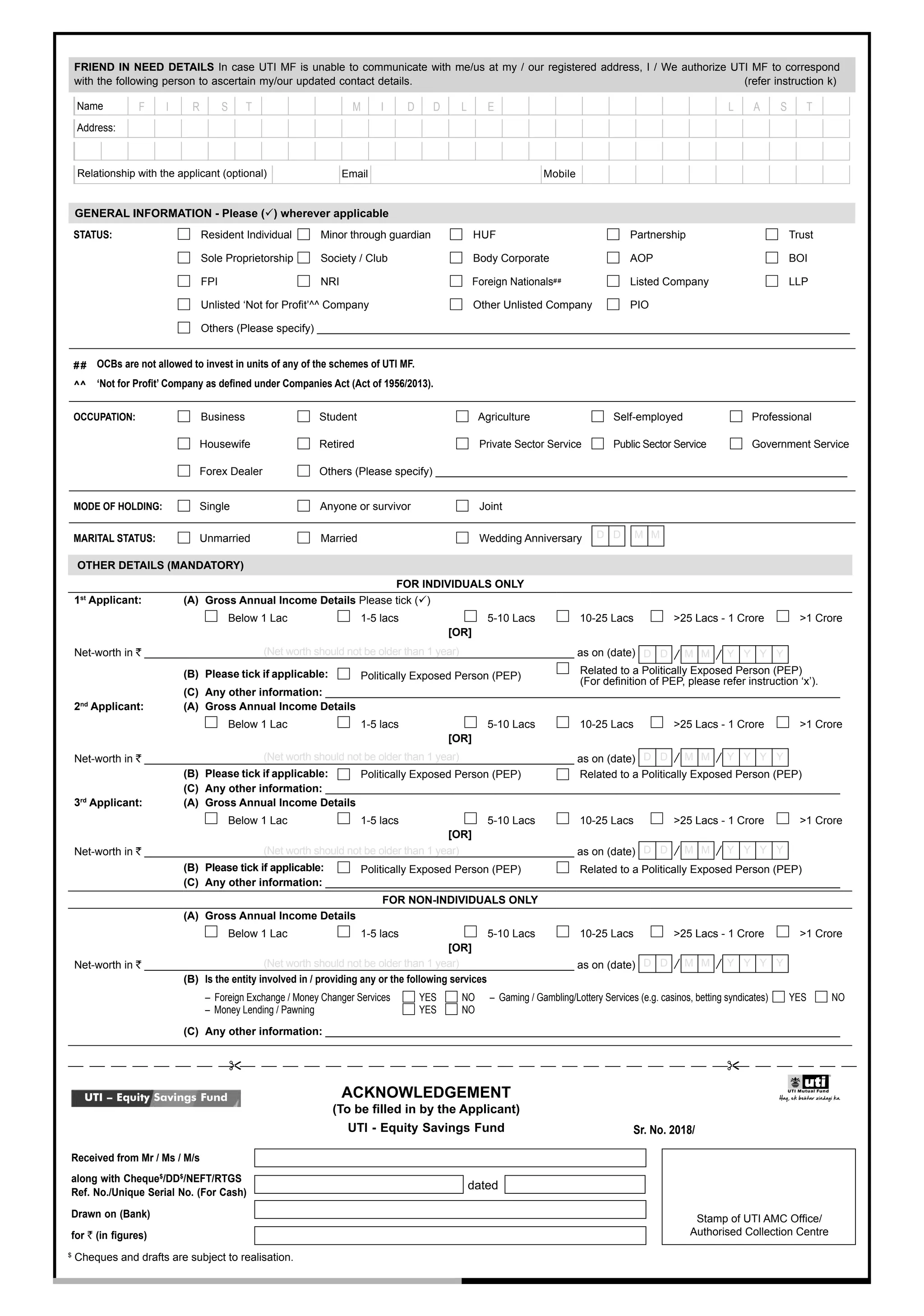 UTI - Equity Savings Fund Editable New Application Form Form | PDF