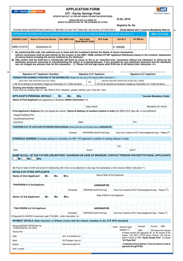 UTI - Equity Savings Fund Editable New Application Form Form | PDF
