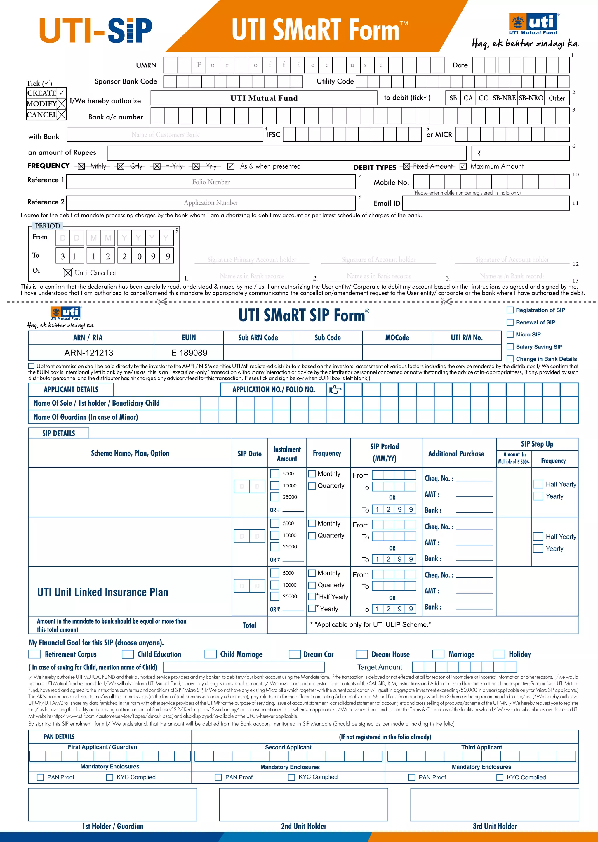 UTI - Systematic Investment Plan (SIP) New Editable Application Form | PDF