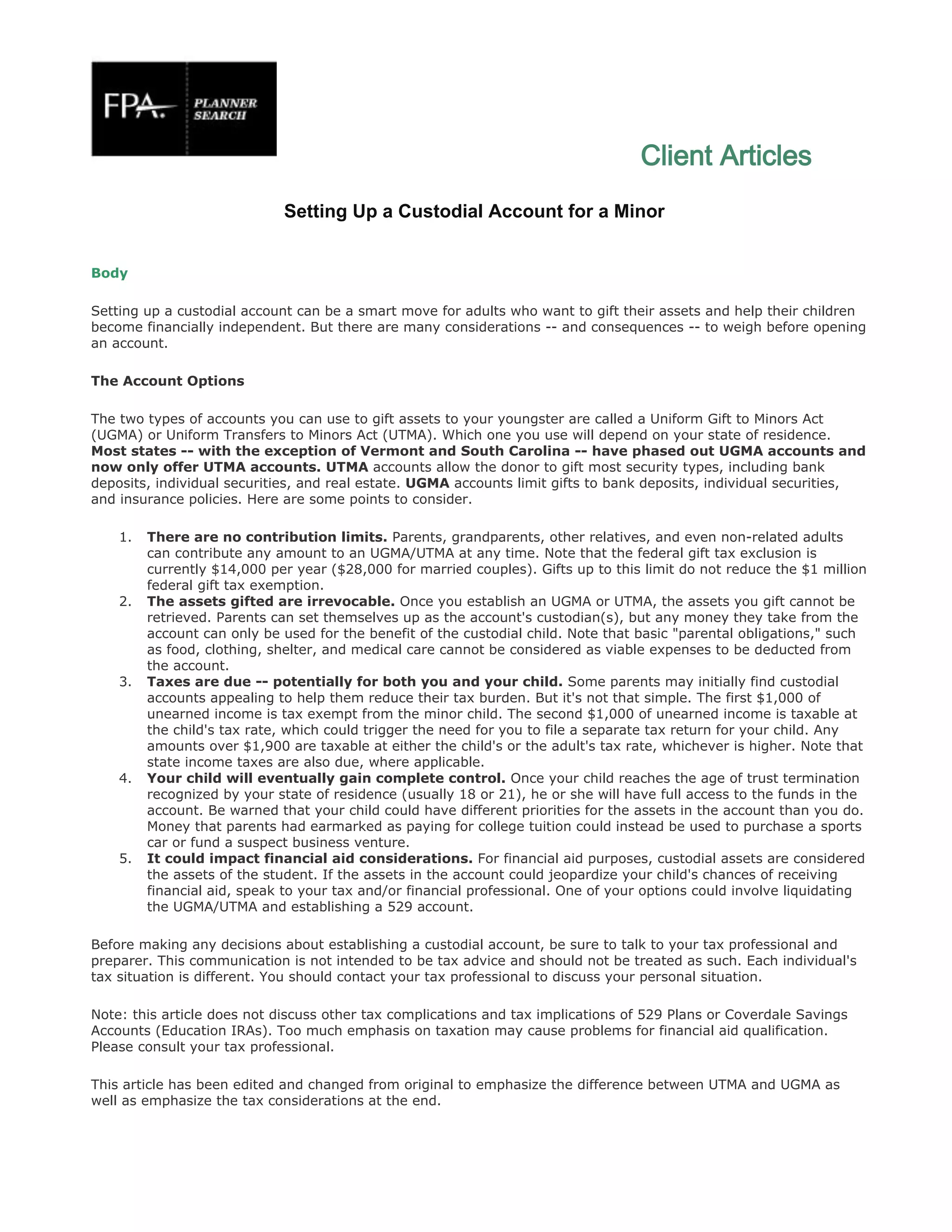 Utma custodial account | PDF