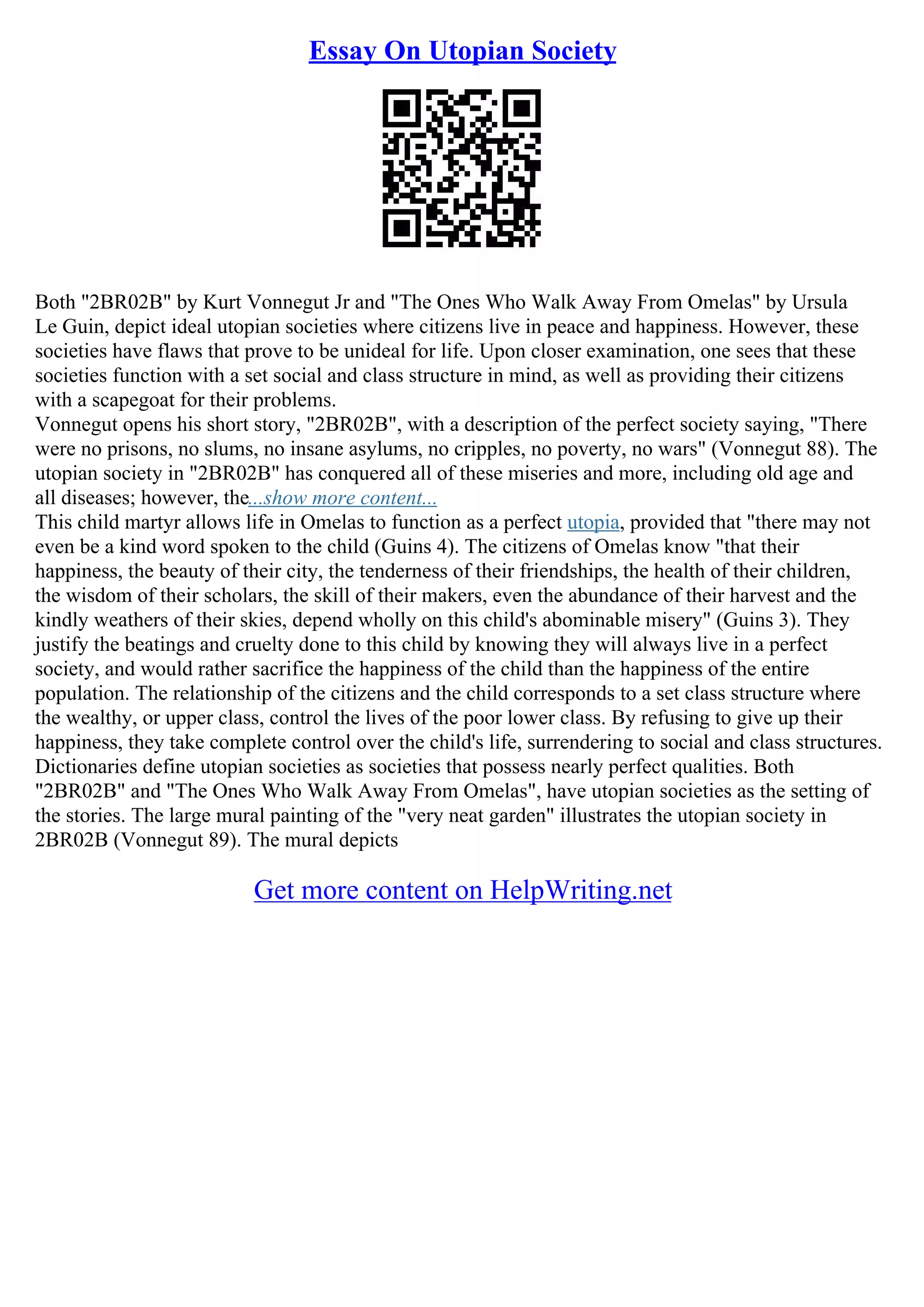 Utopian Society Essay | PDF | Hobbies & Interests