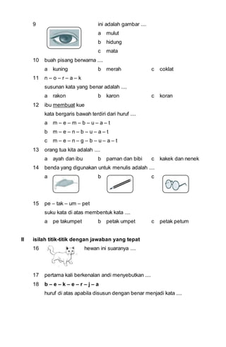 Uts 1 bindo kelas 1 sd | PDF
