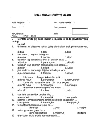 Uts 1 p kn sd kelas 1 plus kunci | DOCX