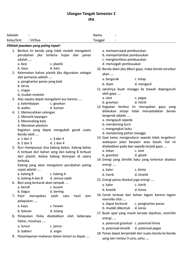 Soal UTS IPA Kelas 6 Semester 2 | PDF