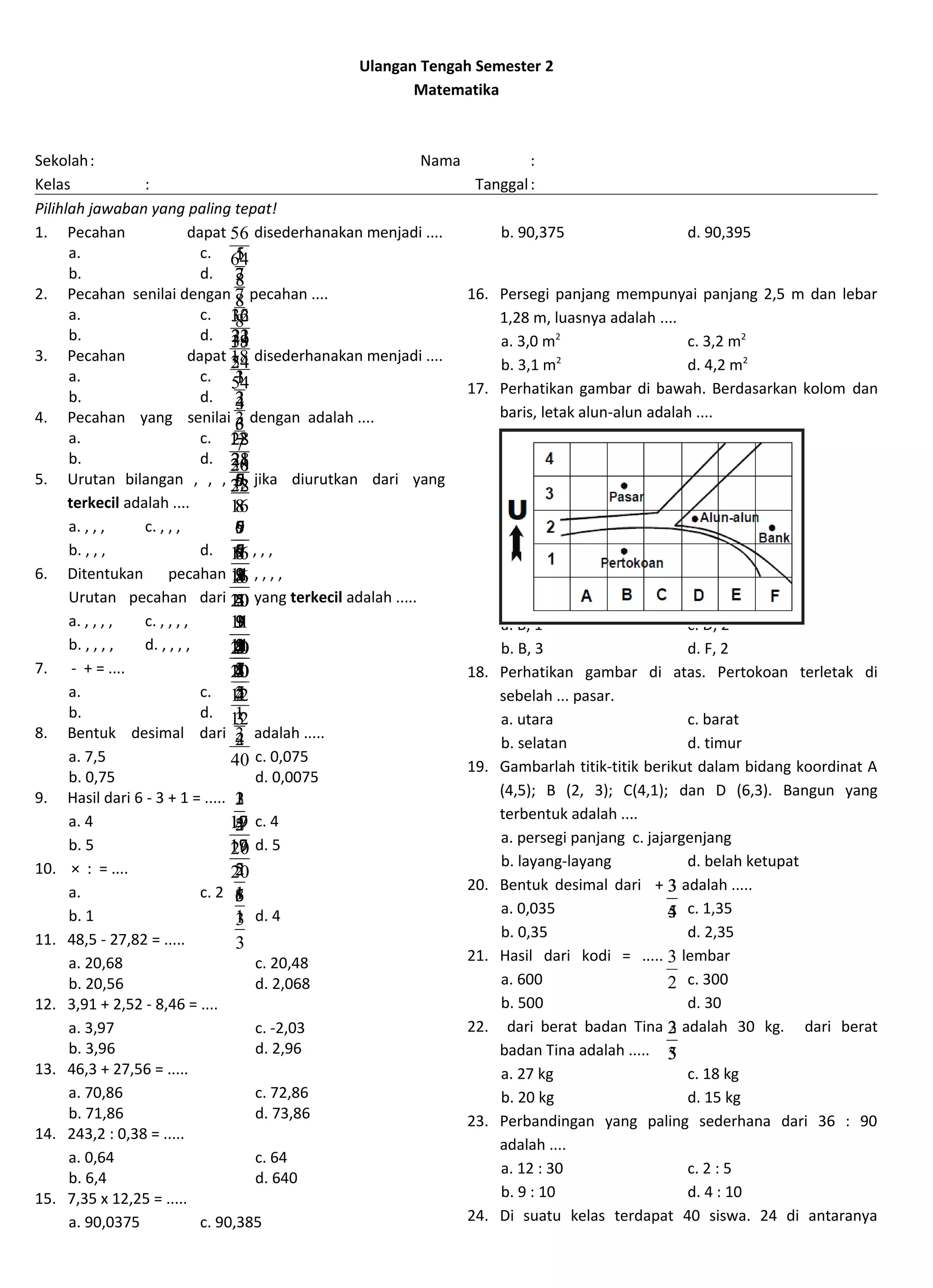 Soal UTS Matematika Kelas 6 Semester 2 | DOC
