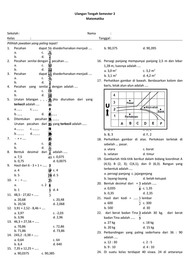 Soal UTS Matematika Kelas 6 Semester 2 | DOC