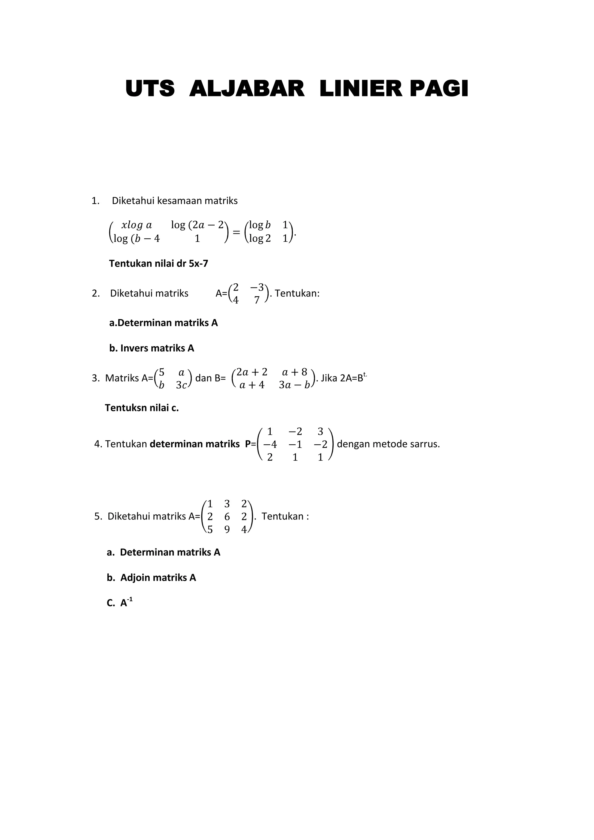 Uts aljabar linier pagi | PDF