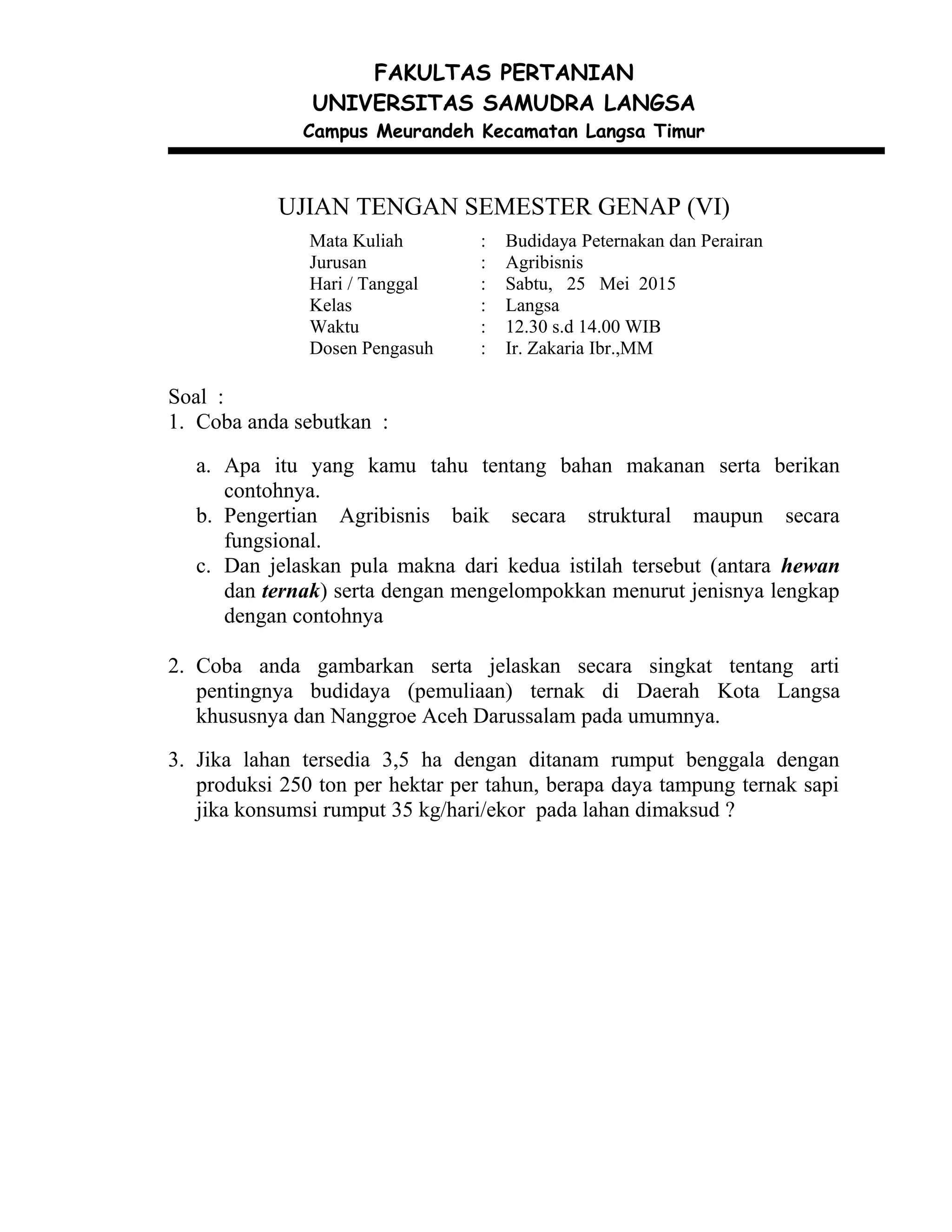 UTS BUDIDAYA PETERNAKAN 2015 | DOC