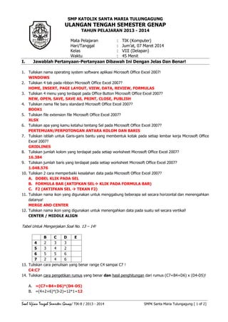 PEMBAHASAN UTS GENAP KELAS 8_MICROSOFT EXCEL 2007 | PDF